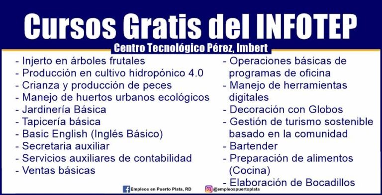 Cursos gratis del Infotep disponibles en Imbert: Mayo 2024