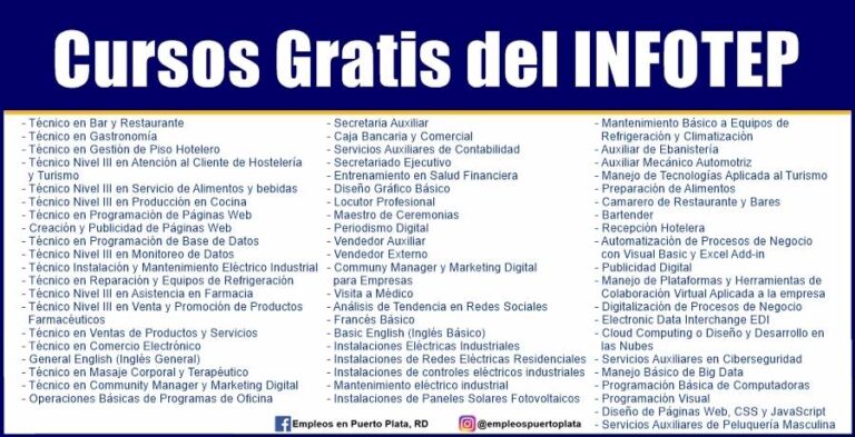 Cursos gratis de Infotep disponibles en Puerto Plata: Enero-Abril 2024